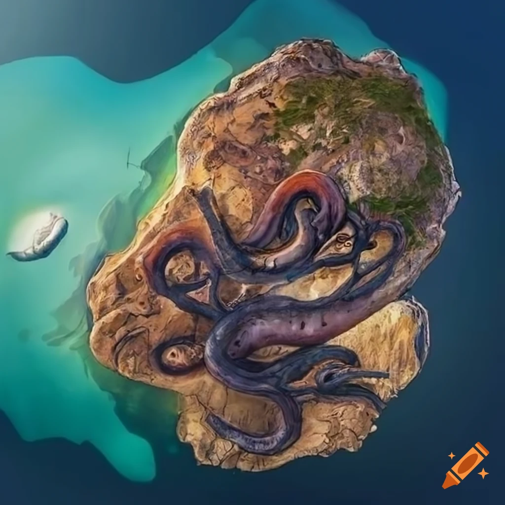 Bird perspektive view on island with petrified kraken spanning it