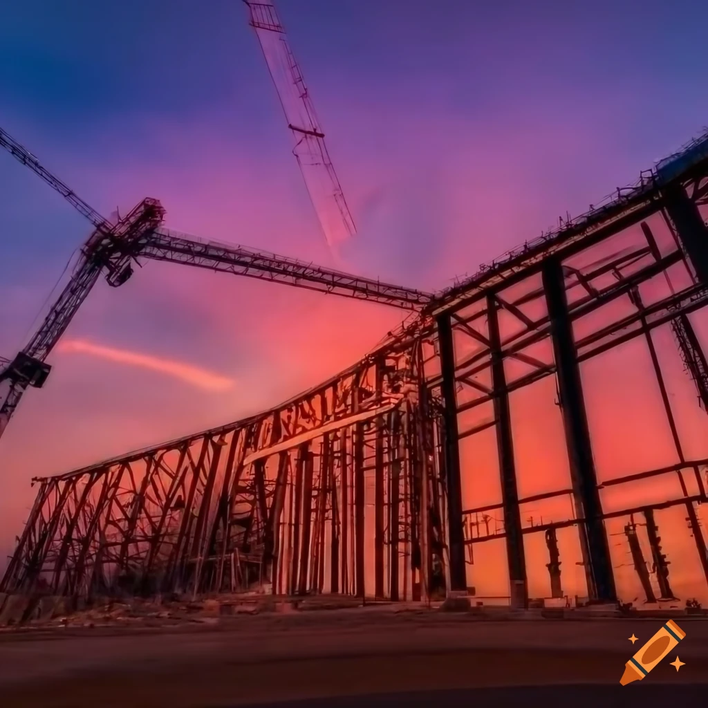Steel hall under construction in sunset with red earth hdr