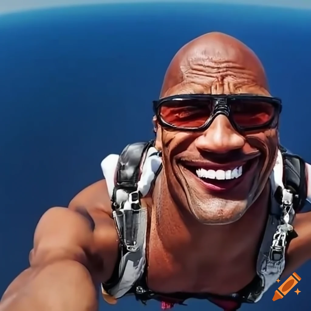 Dwayne the rock johnson skydiving while eating pizza on Craiyon