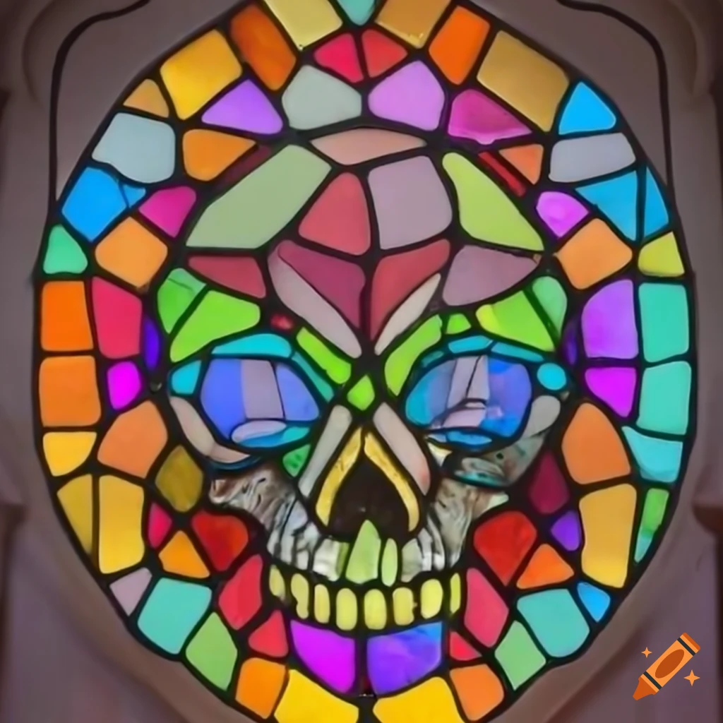 A striking skull crafted in colorful stained glass