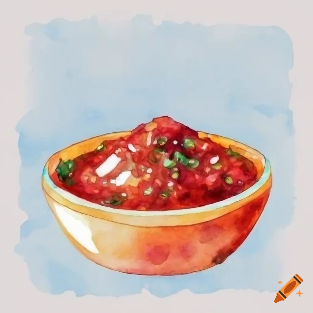 Watercolor illustration of salsa in a bowl with white background