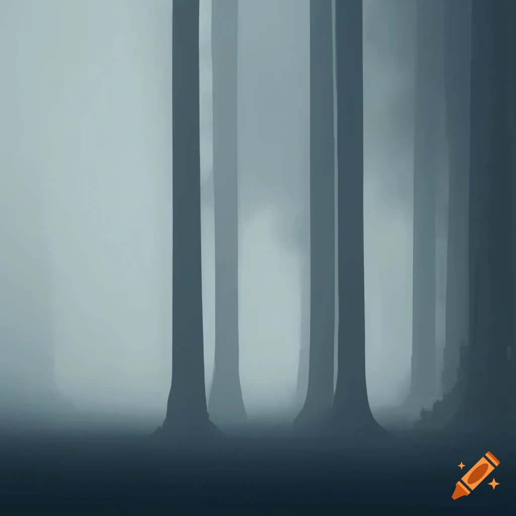 Strange alien forest area with tall, pale gray trees, gray ground and ...