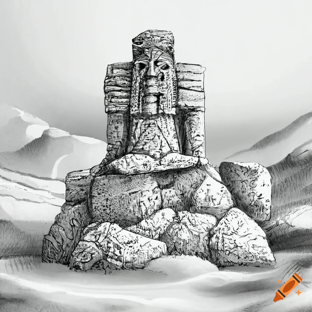 Black and white ink drawing. a huge fallen ancient sumerian statue ...
