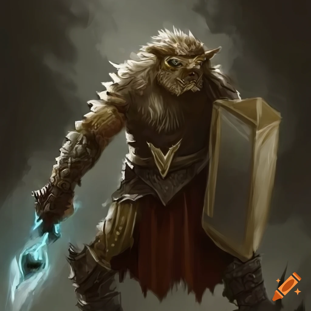 Fantasy artwork of a fierce bugbear paladin in battle