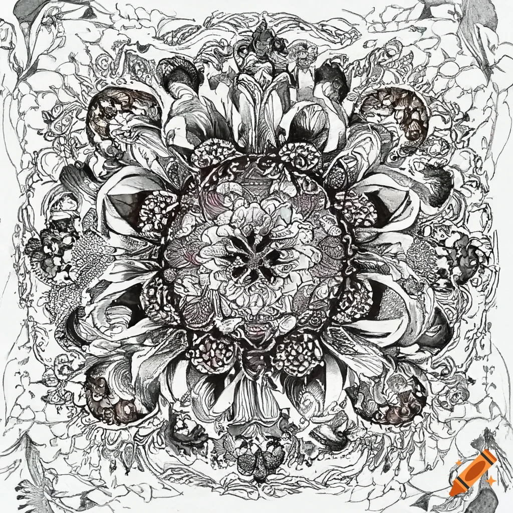 Mandala with peonies, reference to adhd, dog paws, child, buddha, trauma