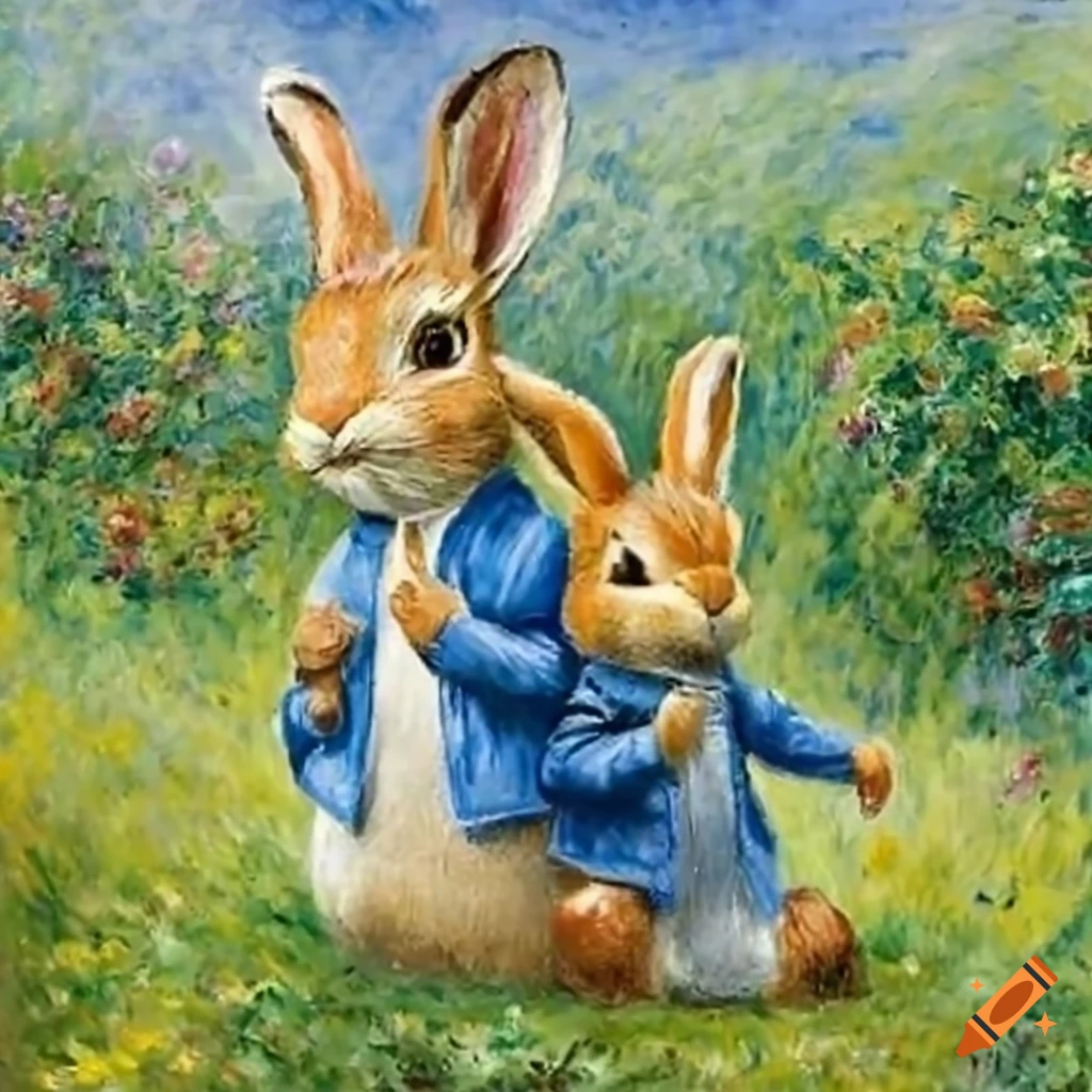 Peter rabbit family with mom and children, monet