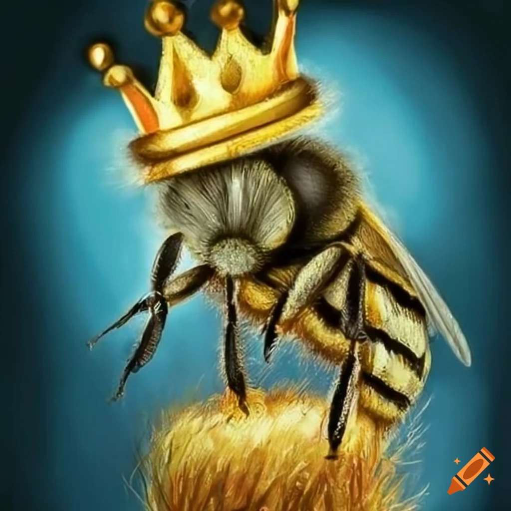 A majestic bee wearing a golden crown in a fantastical setting
