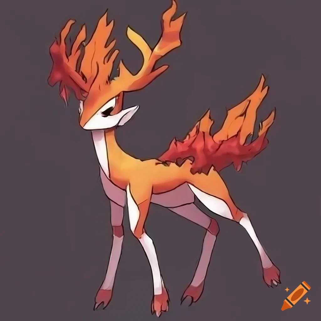 A deer, fire horns, small bat wings, ken sugimori, fire-type pokémon on ...