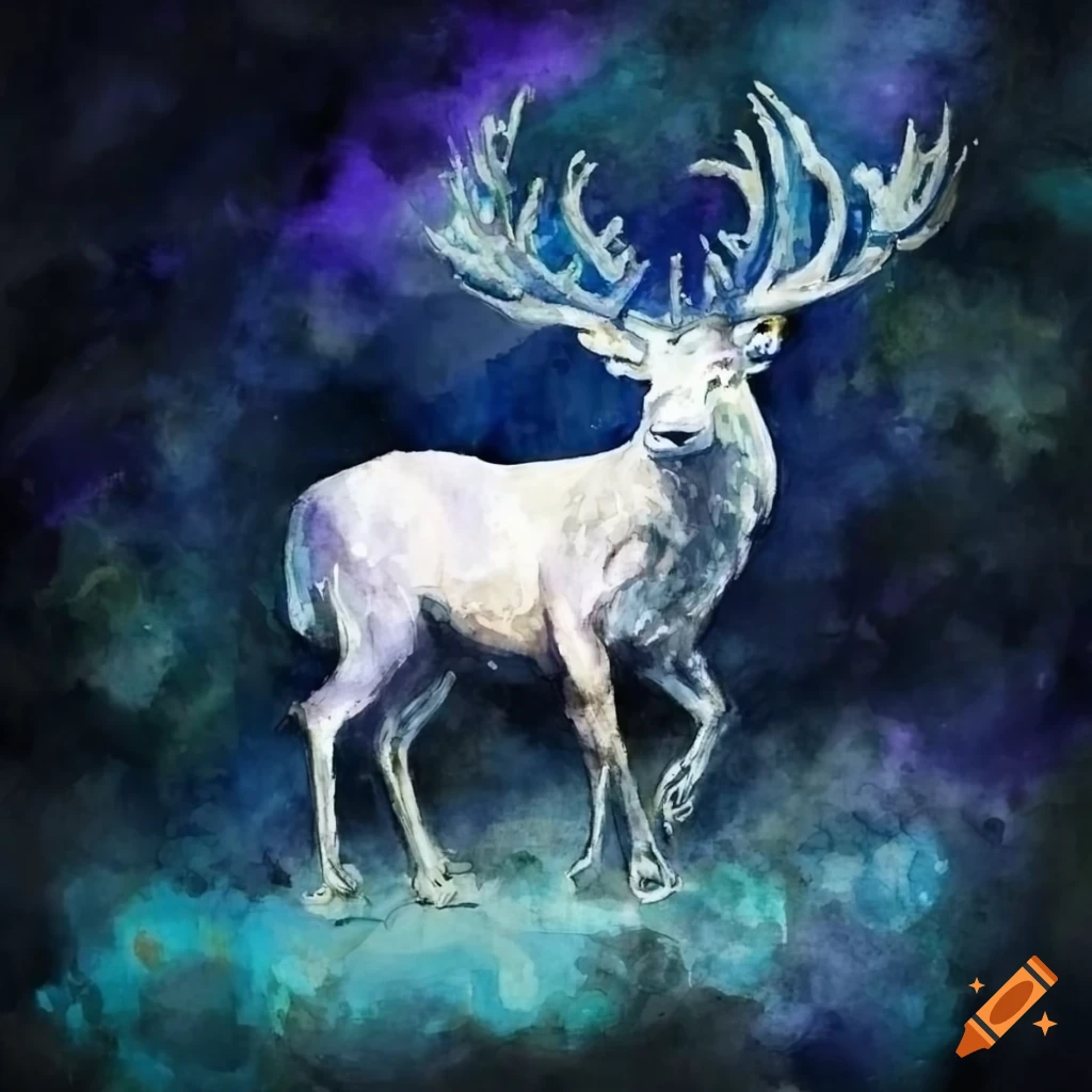 A watercolor mythical white stag against starry night