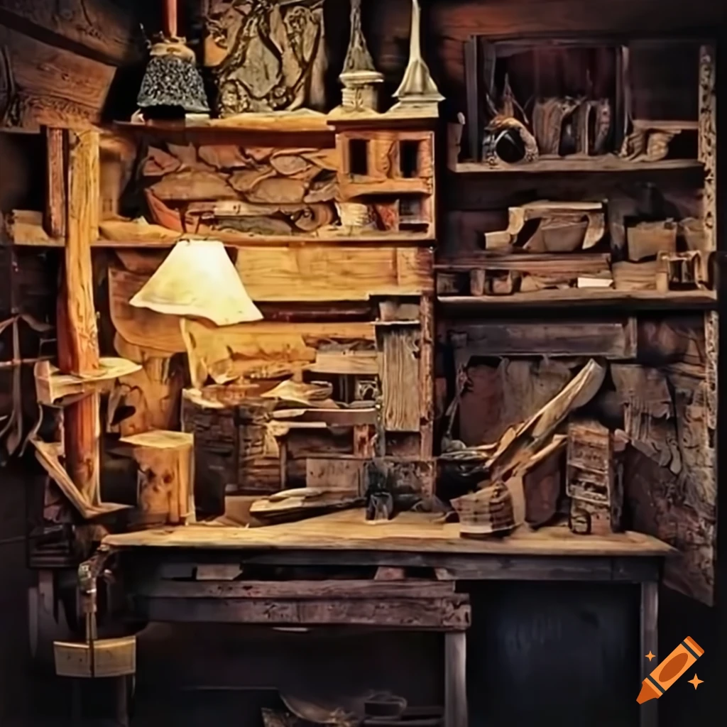A wizard’s carpentry shop with cluttered workbench dusty shelves full ...