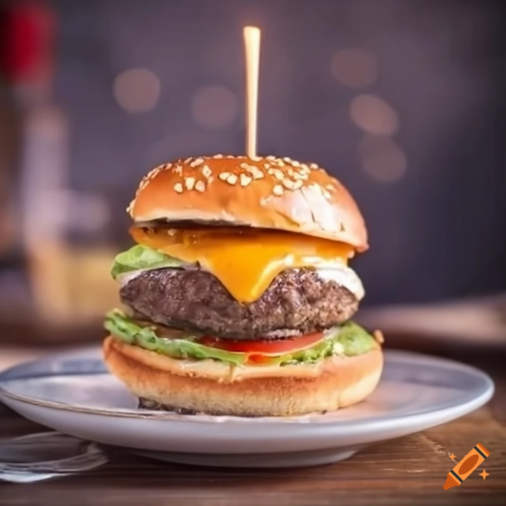 Delicious burger topped with melted cheddar cheese sauce on Craiyon
