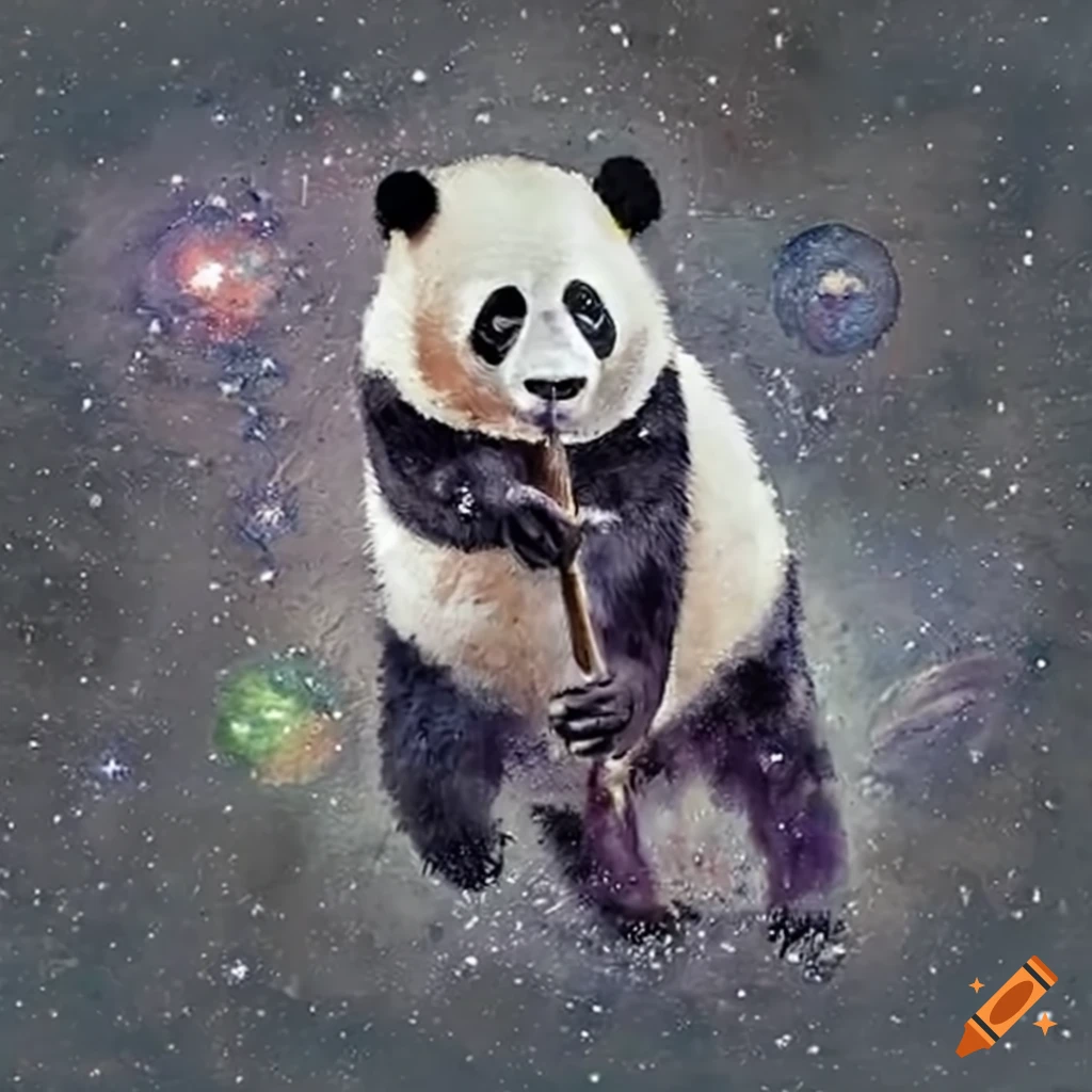Panda fighting with an alien floating in outer space