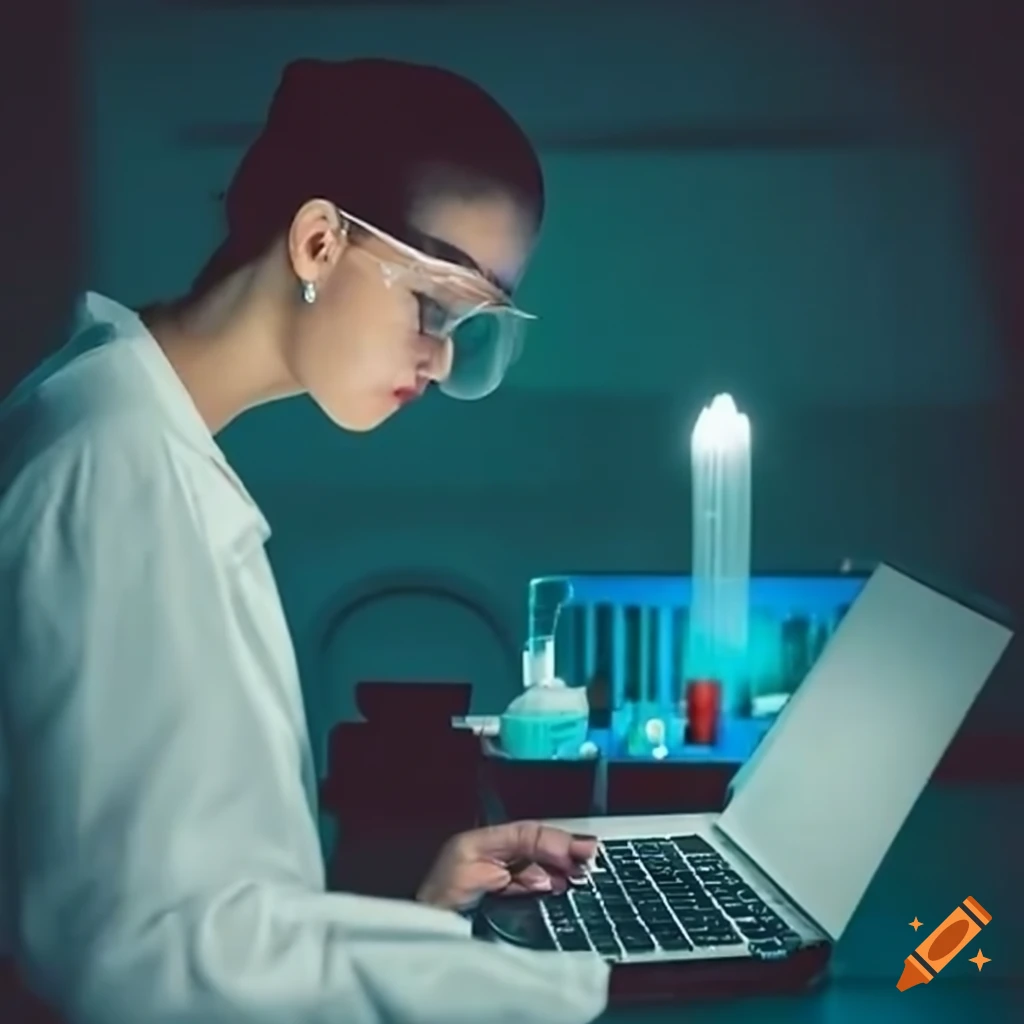 A scientist in its lab making chimistry experiments on a laptop