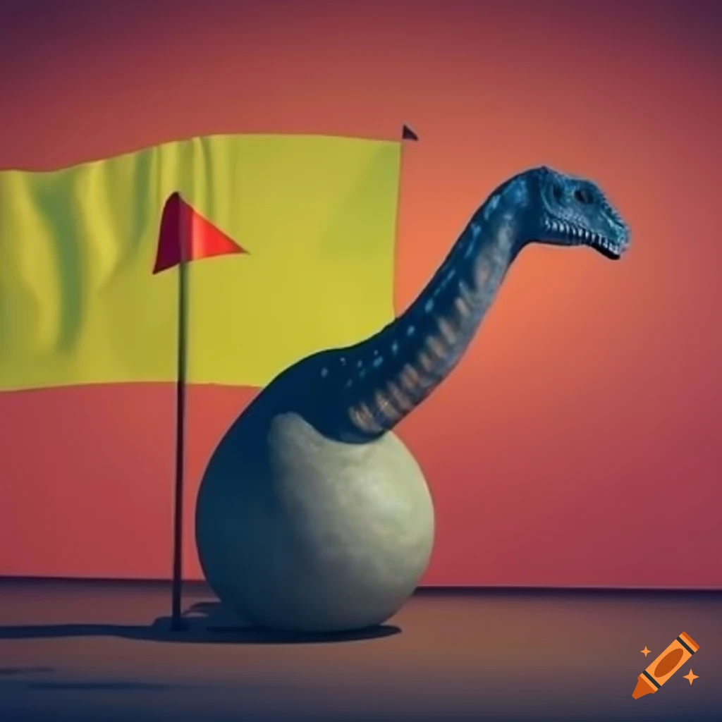 Apatosaurus standing on a large ball next to a red and yellow flag on ...