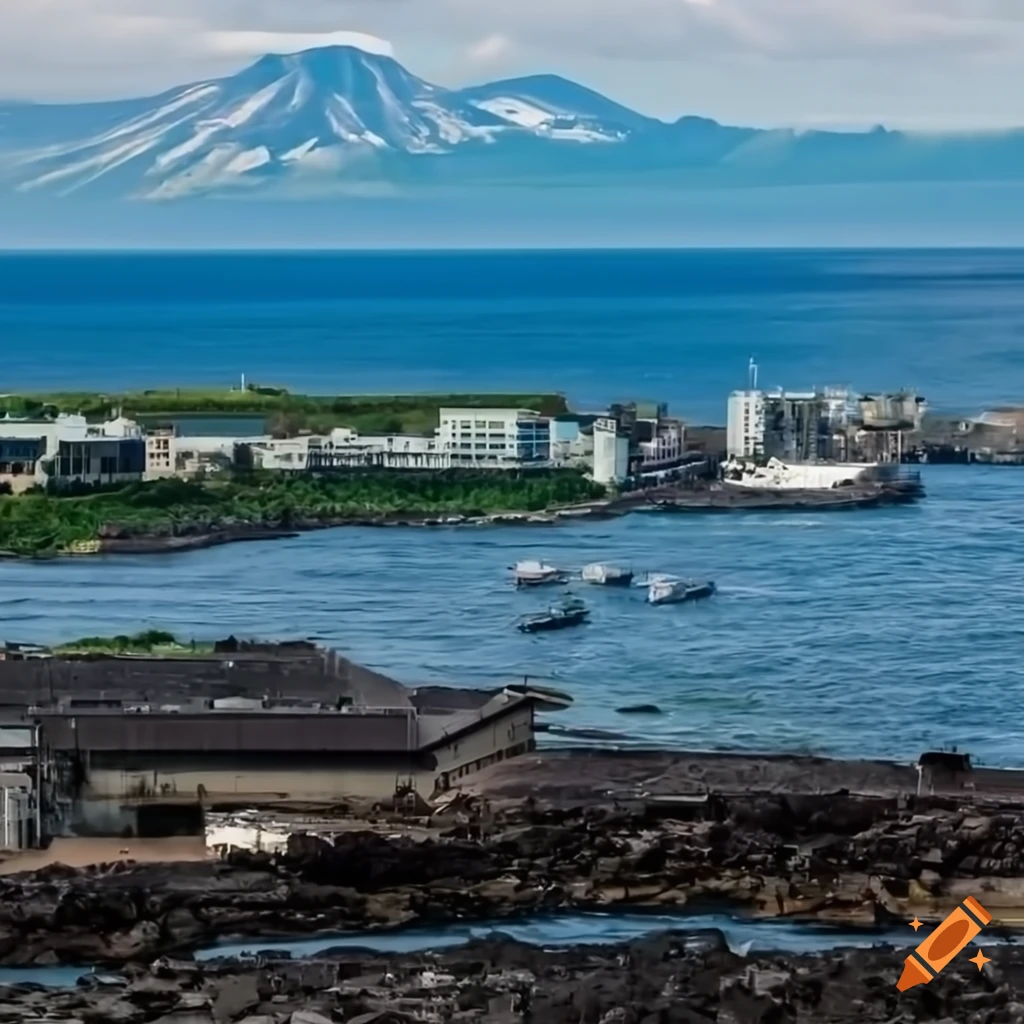 Large industrial coastal city in foreground on mainland, boiling ocean ...