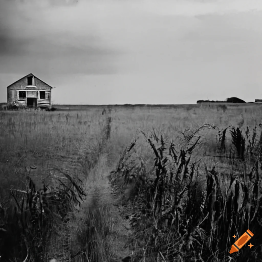 Old photograph of an abandoned and creepy farm, cornfield, tall grass ...