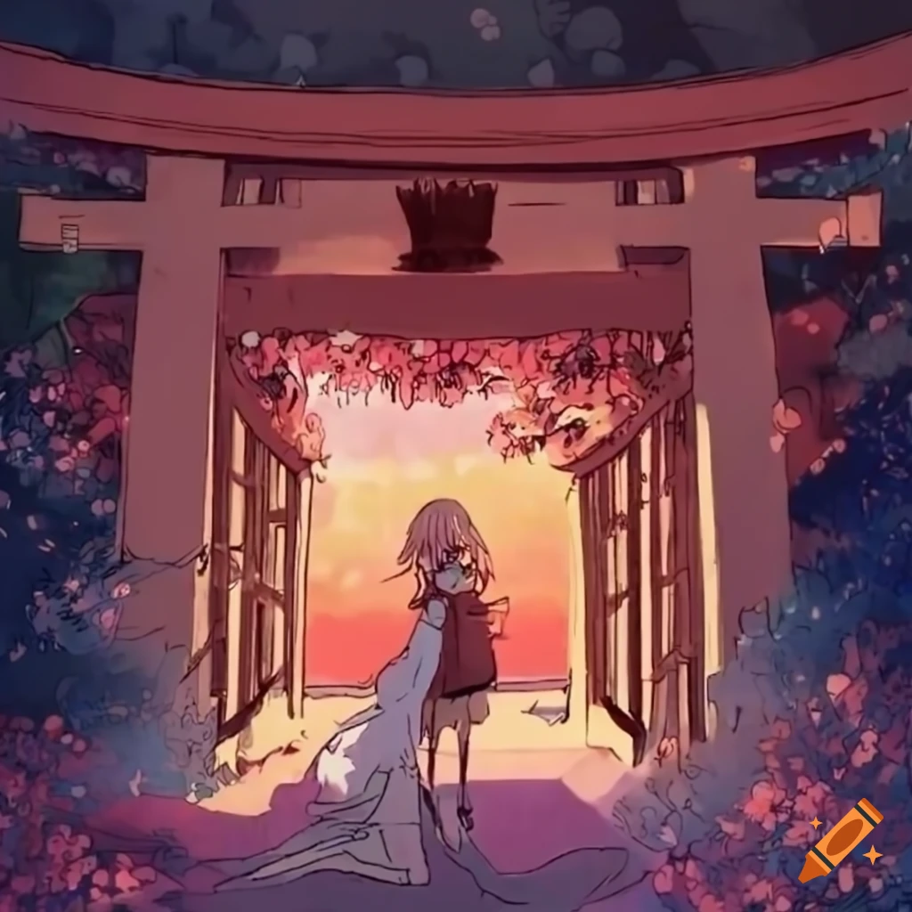 Detailed anime drawing of a scene that includes sakura, maple, and a ...