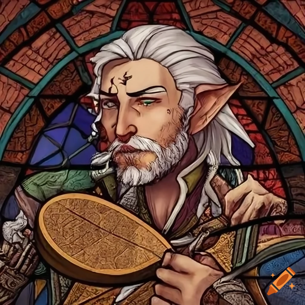 Baldur's gate handsome bard with white beard and lute written in ...