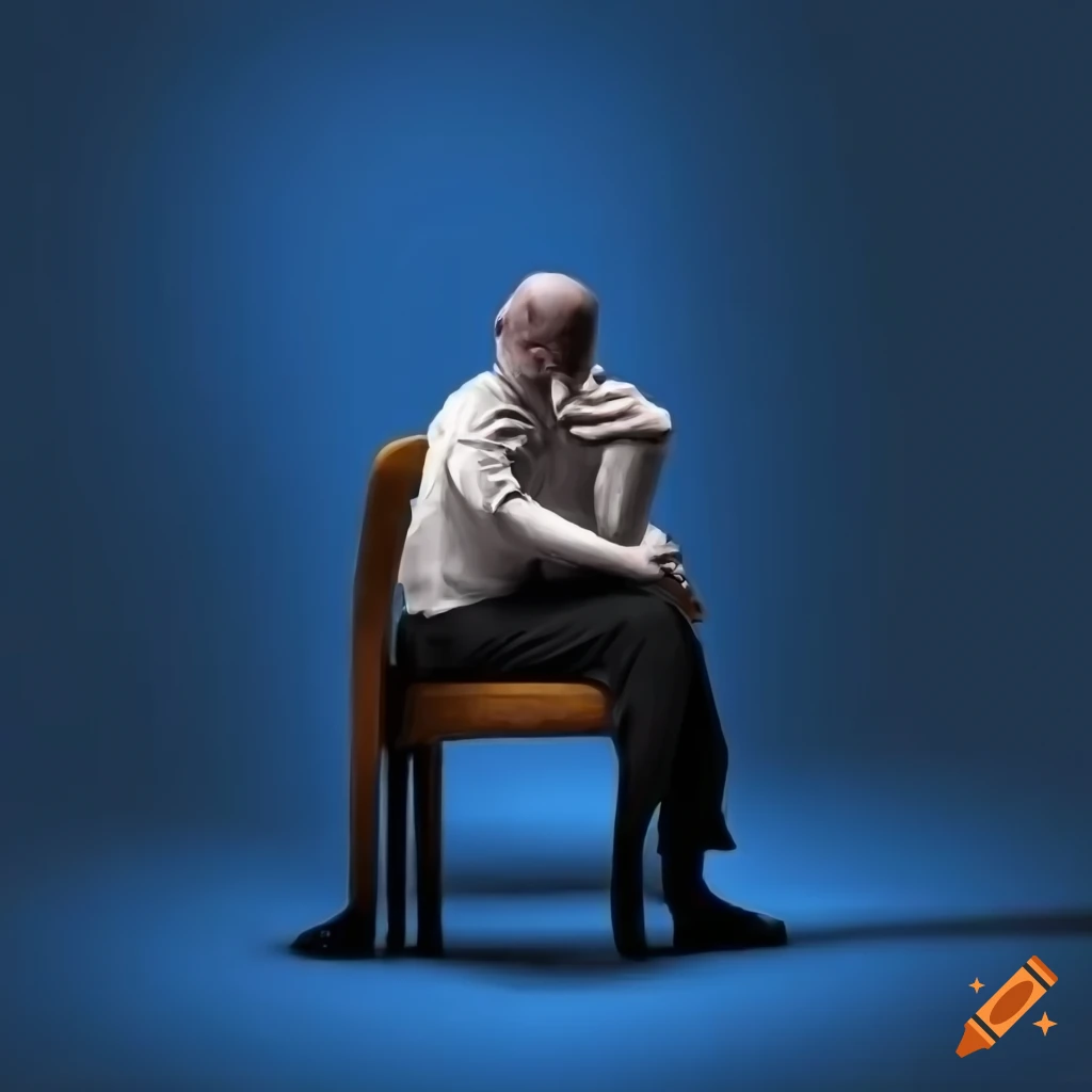A miserable man with sad face sitting on a chair with a blue background ...