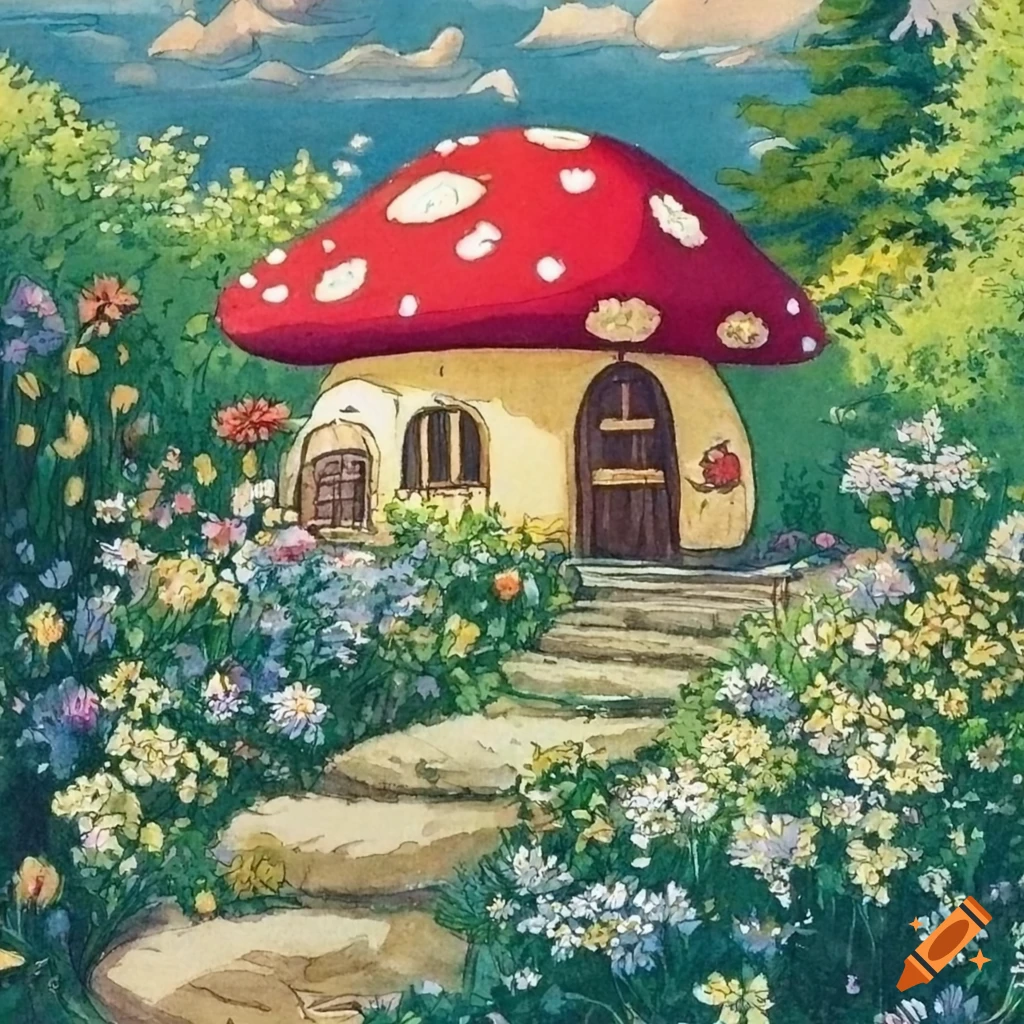 A mushroom house with a stone path, surrounded by flowers, sunrise ...