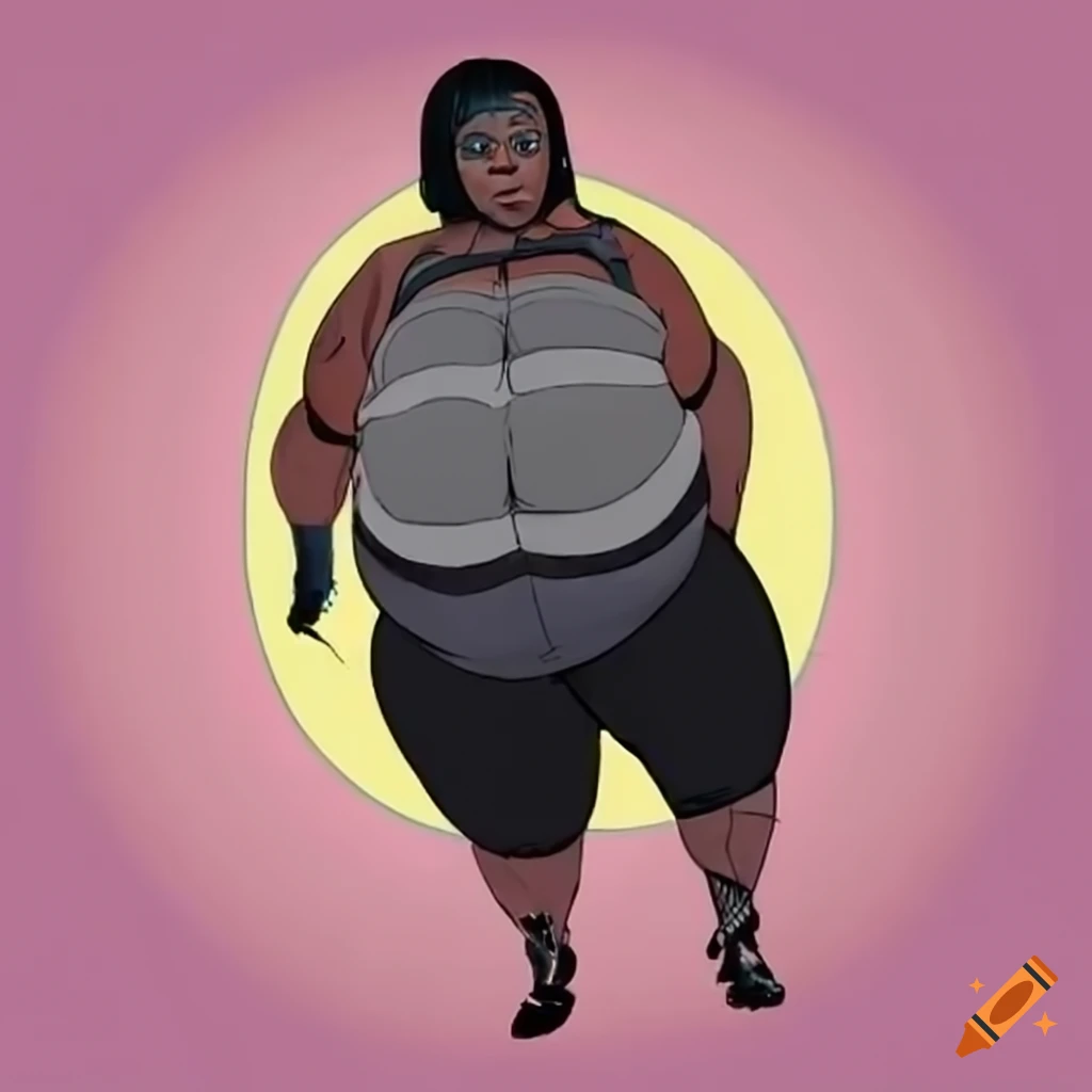A fat black cyborg with emo fashion on showing whole body