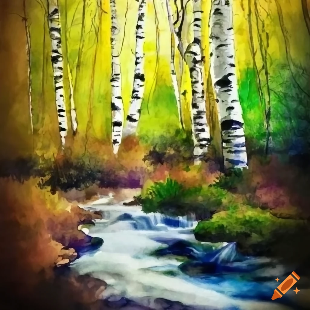 Serene birch forest with a flowing stream in vibrant watercolor