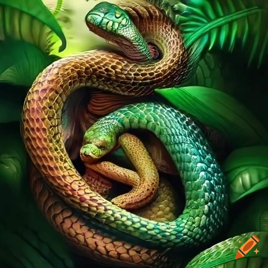 A mesmerizing artwork featuring intertwined snakes in a fantastical ...
