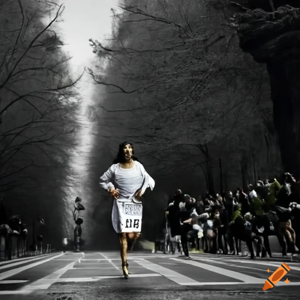 Jesus christ running in a marathon crossing the finish line