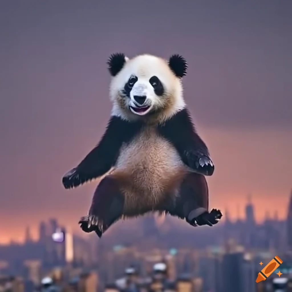 A panda who has incredible super powers flying over a city on Craiyon