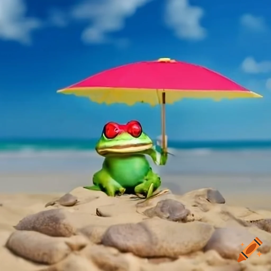 Frog on a beach with a parasol