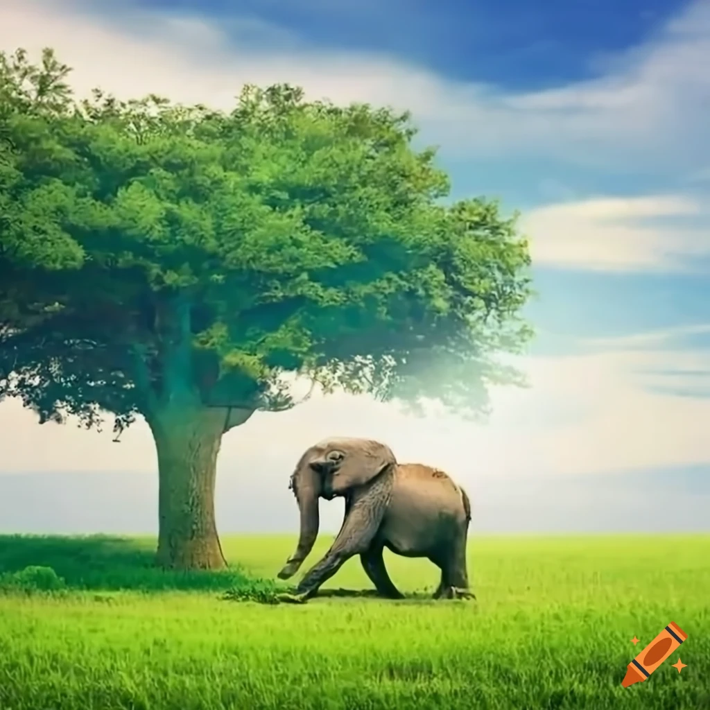 Elephant run behind tree bleu sky green grass sunny day brown path on ...