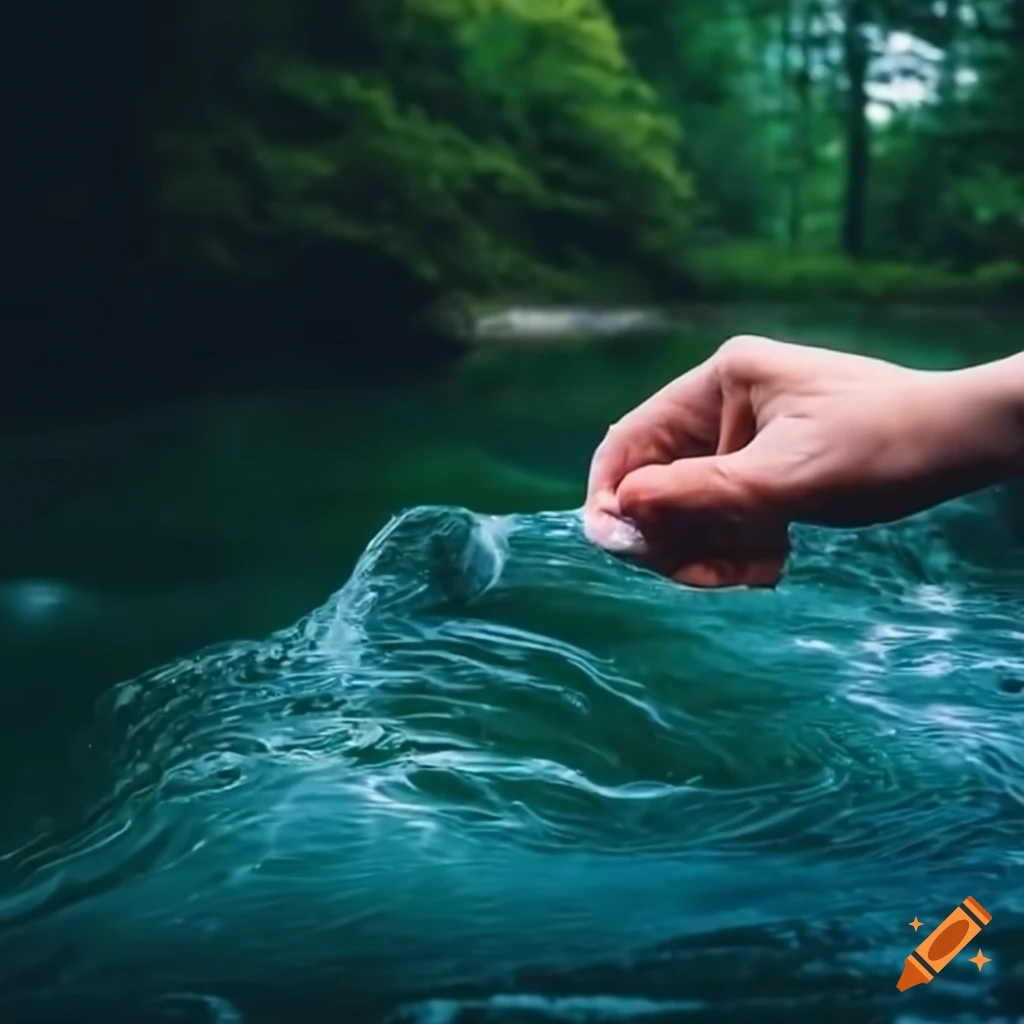 A person's hand stirring water in a river and creating small waves