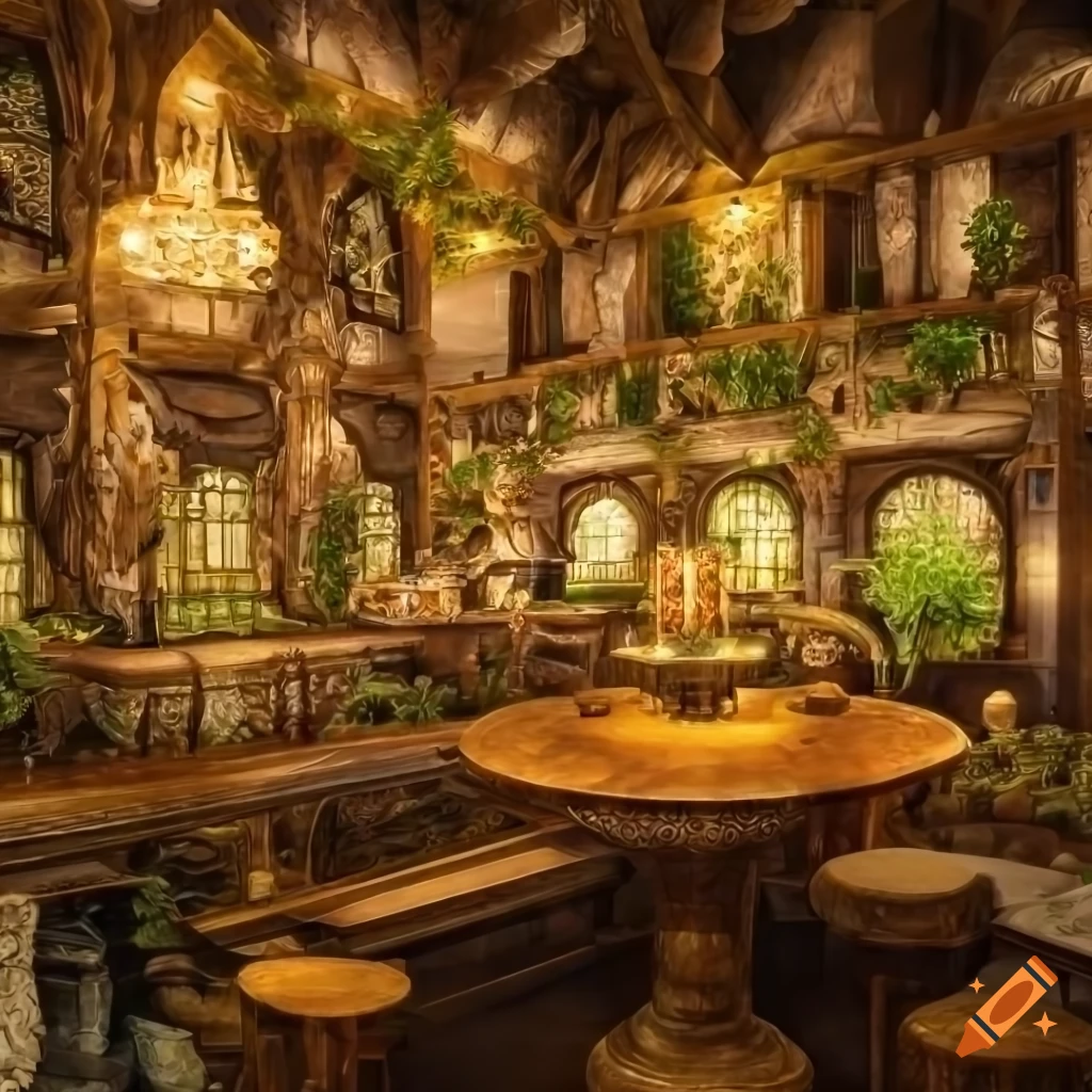A stunning fantasy tavern with grand marble architecture and lush ...