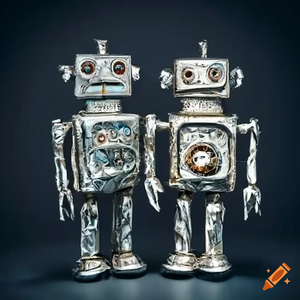 Two toy robots made from crumpled tin foil. They stand hand in hand with each other on Craiyon