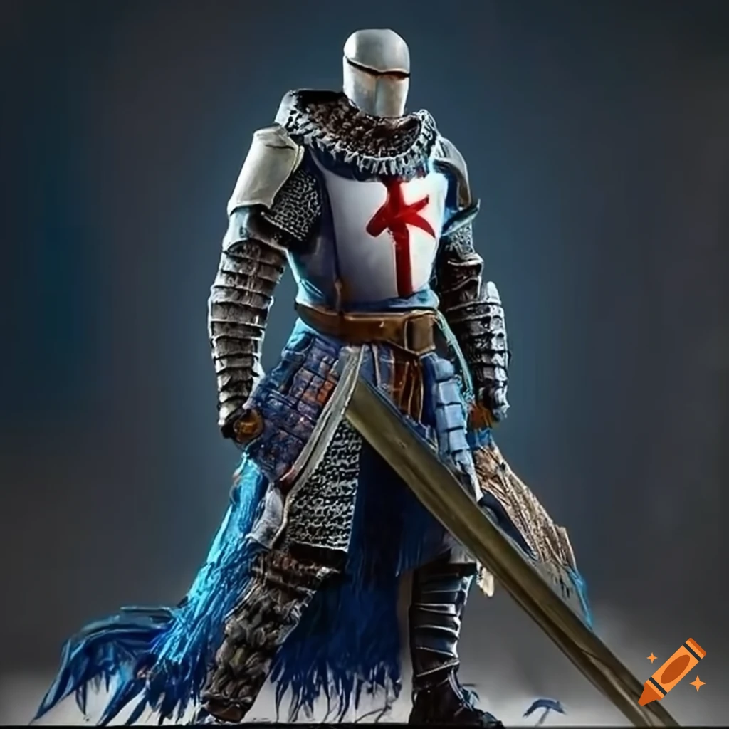 Mad max fusion guts as blue templar armor knight with samurai sword on Craiyon