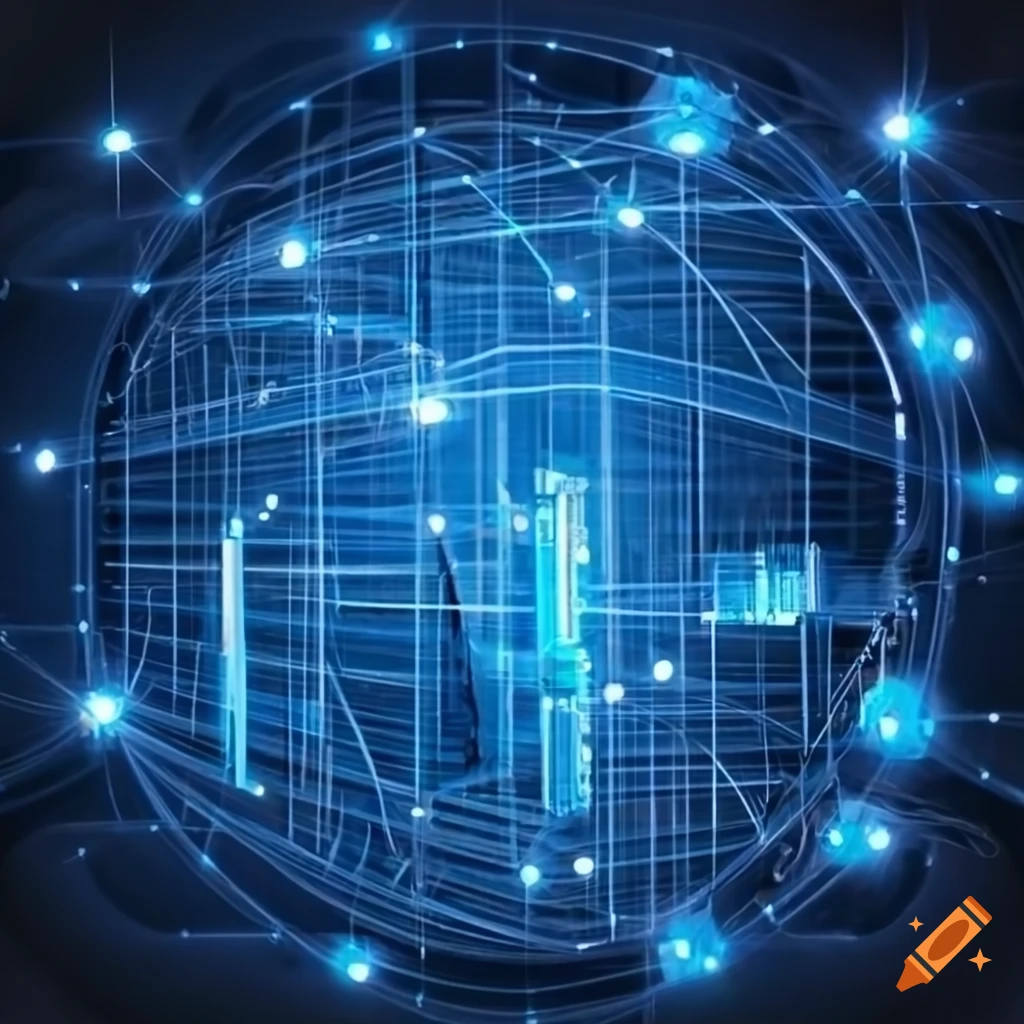 Blue network connectivity graph with routers and switches on Craiyon