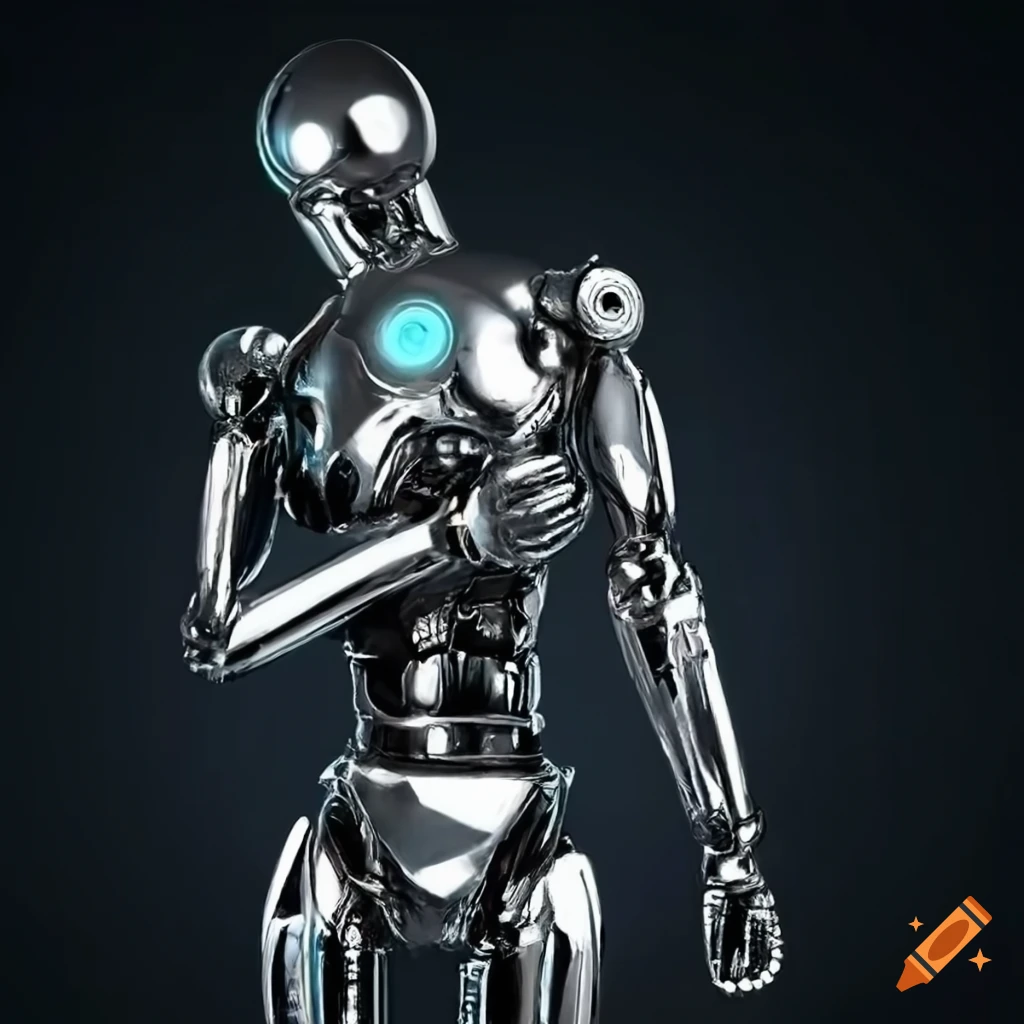 Shiny metallic chrome silver Robot man with sphere head and glowing ...