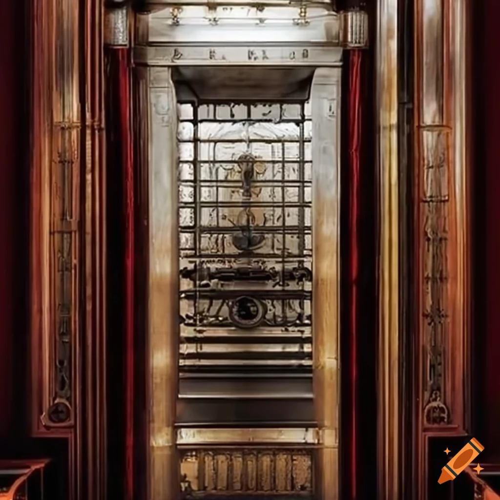 A retro elevator with a vintage clock on Craiyon