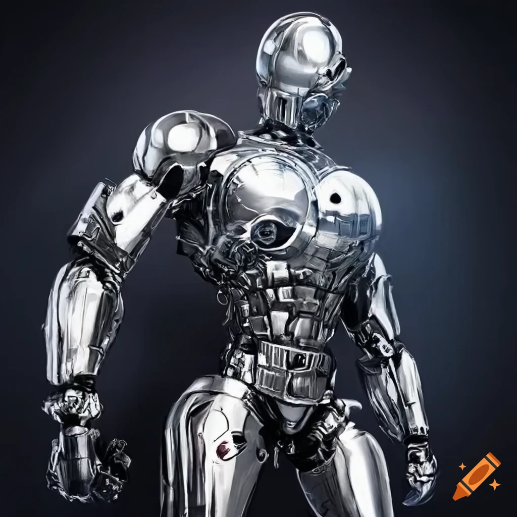 Shiny metallic chrome silver Robot man with sphere head and glowing ...