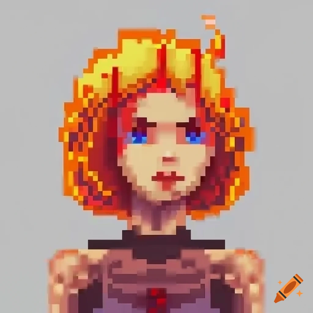 Pixel art character with hair made of flame