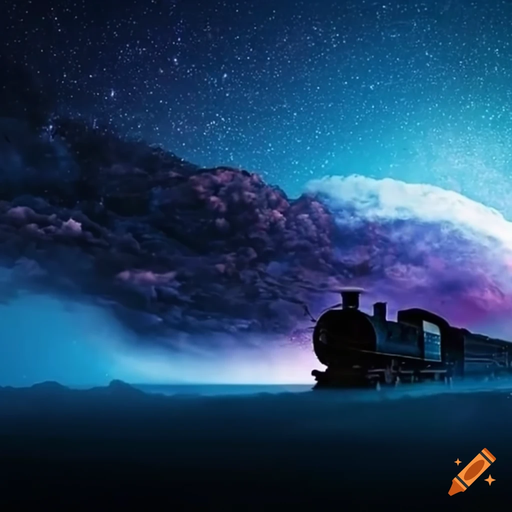A mystical steam train at midnight with millions of stars in the sky on ...