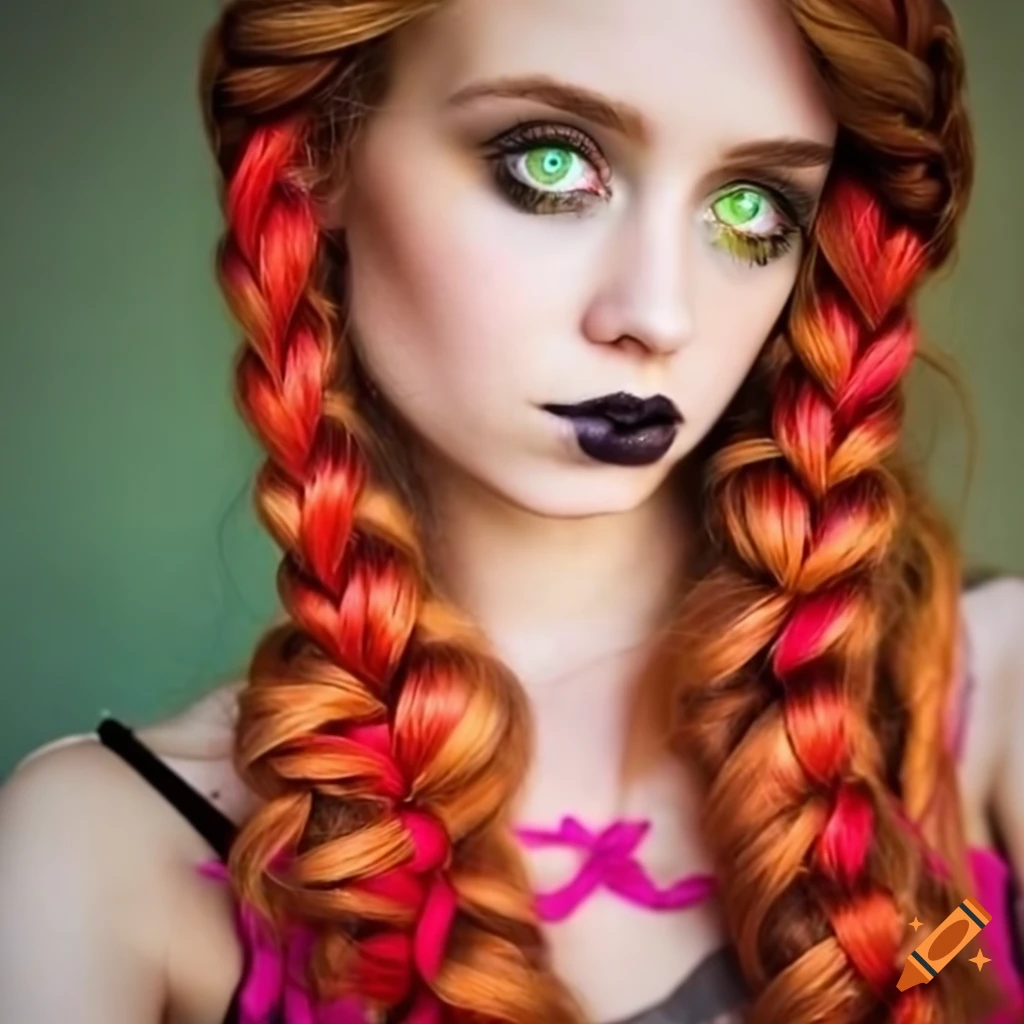 A pretty witch girl with green eyes and long strawberry blonde hair ...