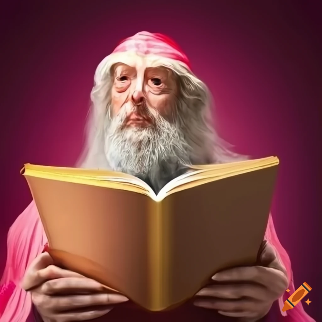 Wise man looking at a large book