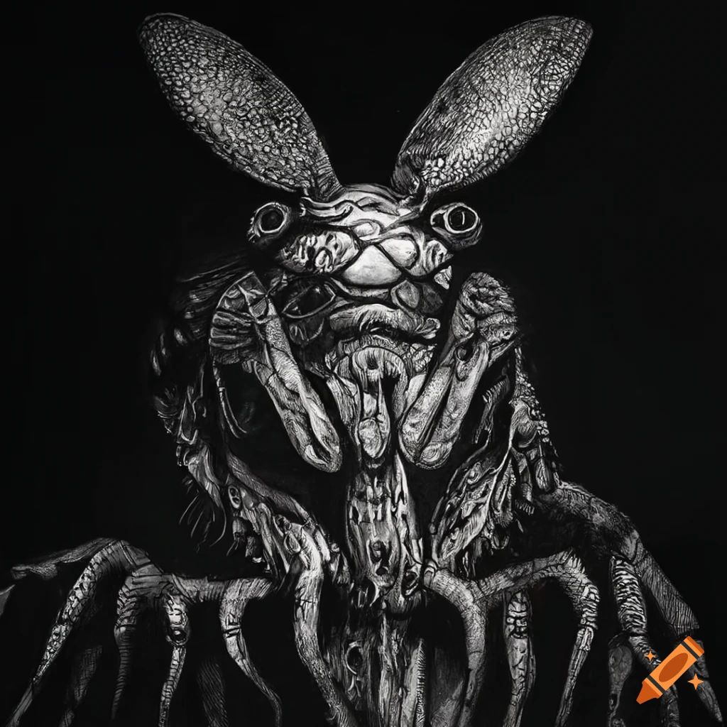 Monochrome ink charcoal drawing artwork of an imaginative insect creature