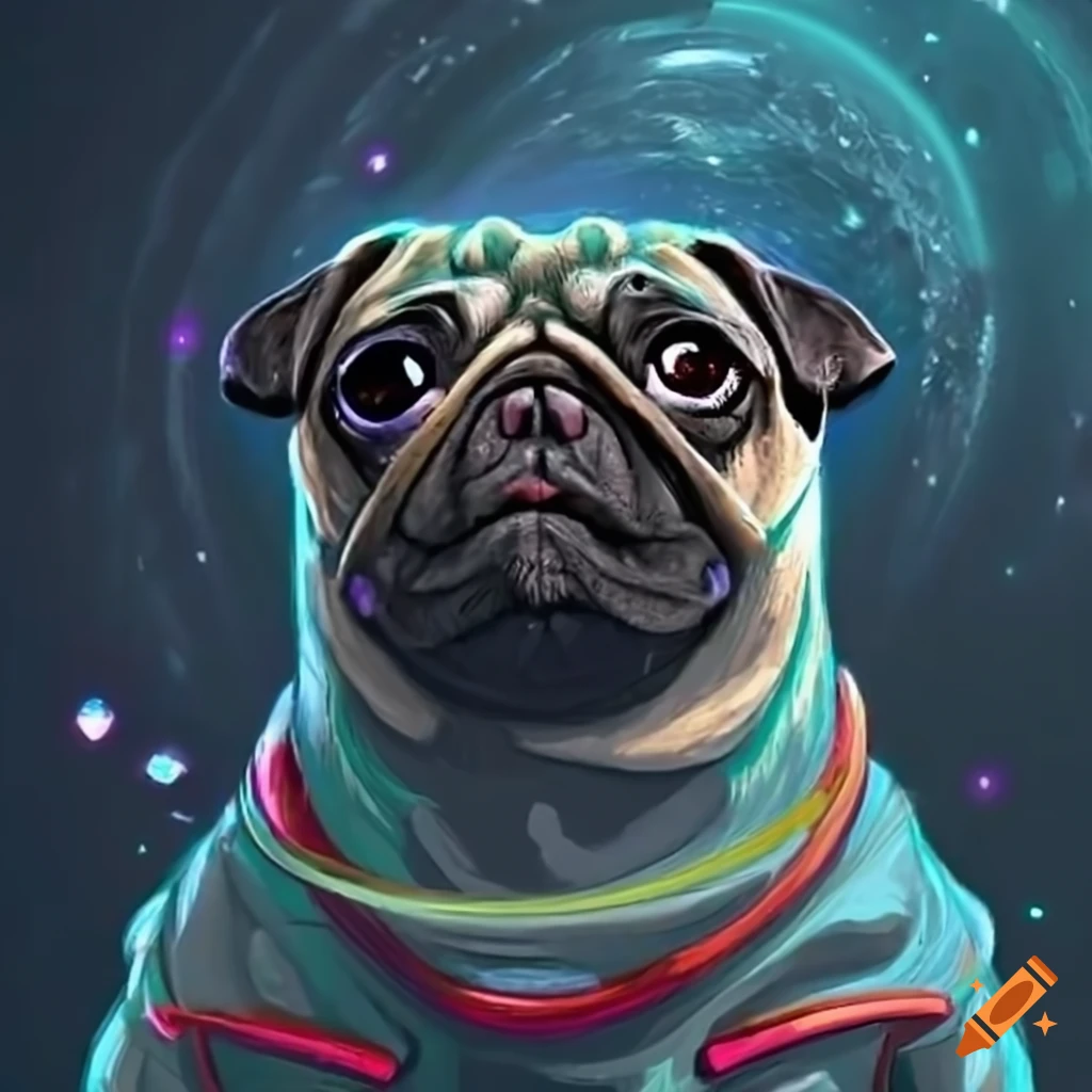 Please generate a series of images featuring Pug dogs in various space ...