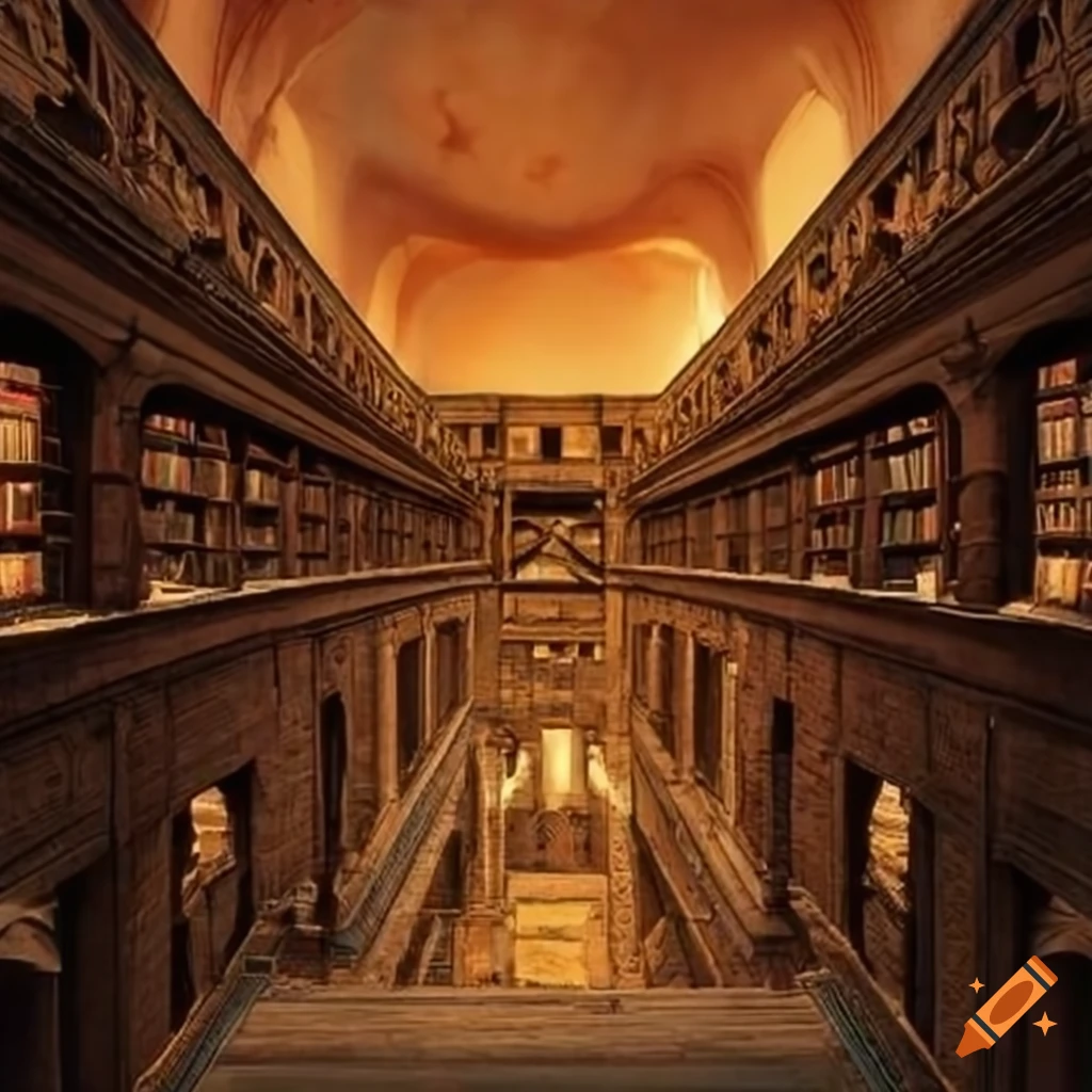 An enchanting ancient stone library complex in a desert city on Craiyon