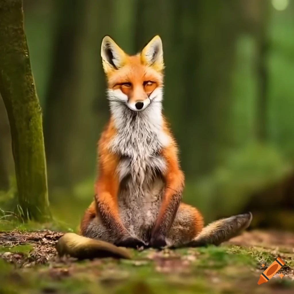 Peaceful fox meditating surrounded by nature