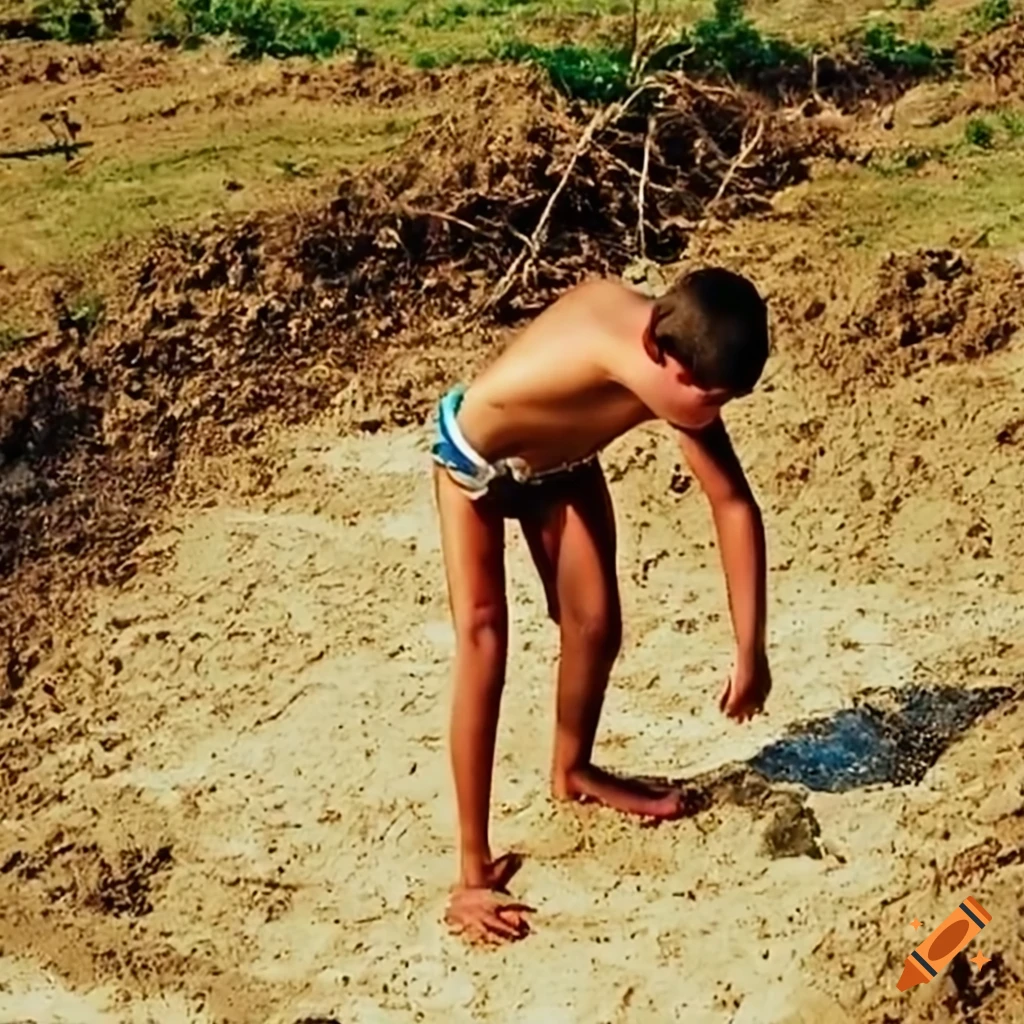 Boy age 18 digging a ditch in hot sun
