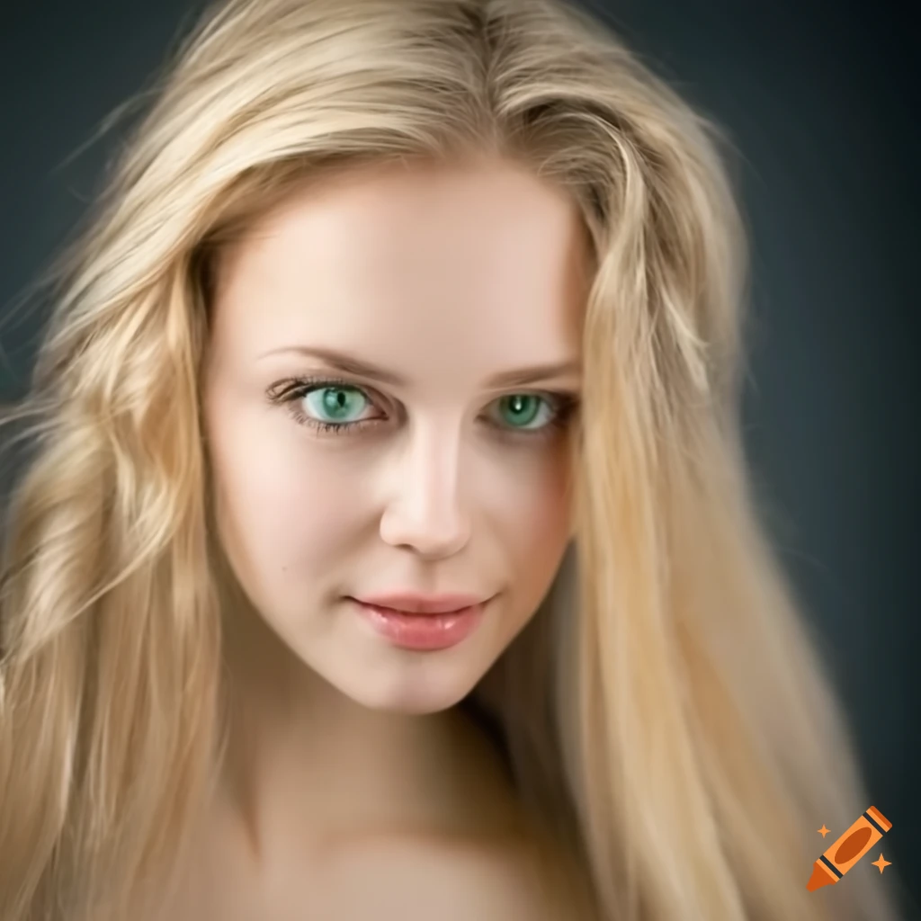 Long-haired blonde woman with green eyes and innocent smile on Craiyon