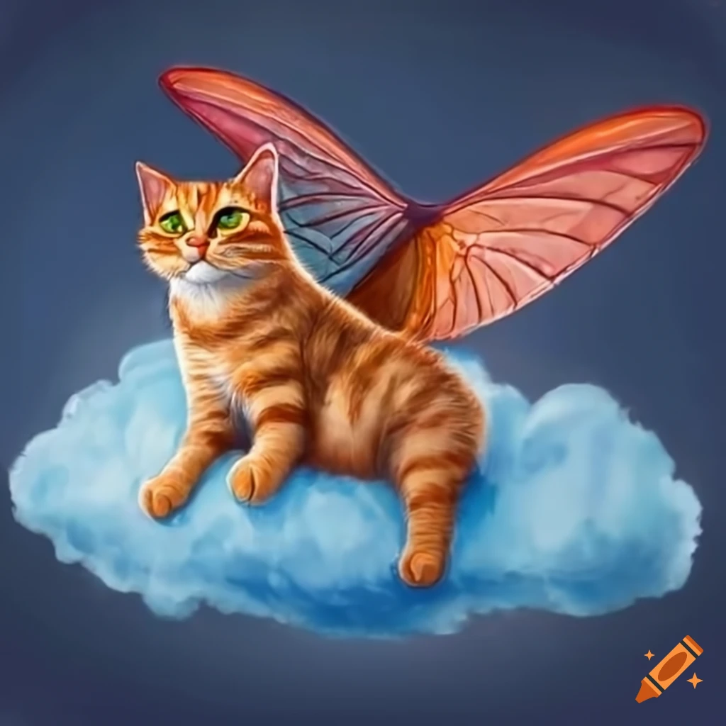 Red cat with dragon fly wings on a cloud